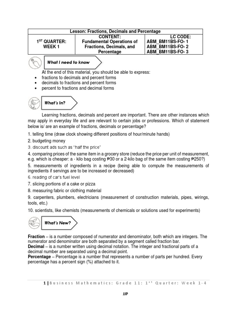 3.-SLM BUS - MATH Q1 W1-4-p22 | PDF | Percentage | Arithmetic