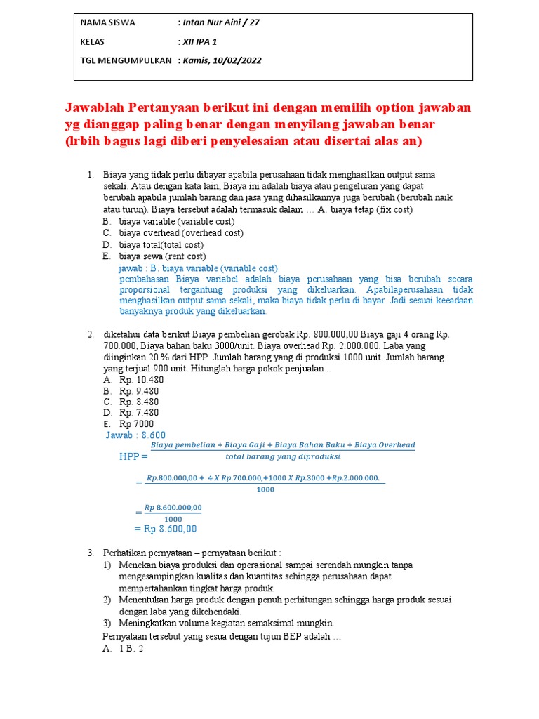 Soal Bep Xii Pkwu Kerajinan Intan XII IPA 1 | PDF