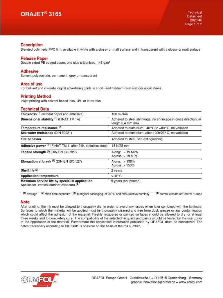 ORAJET 3165 - Technical Data Sheet (EN) | PDF | Paper | Adhesive