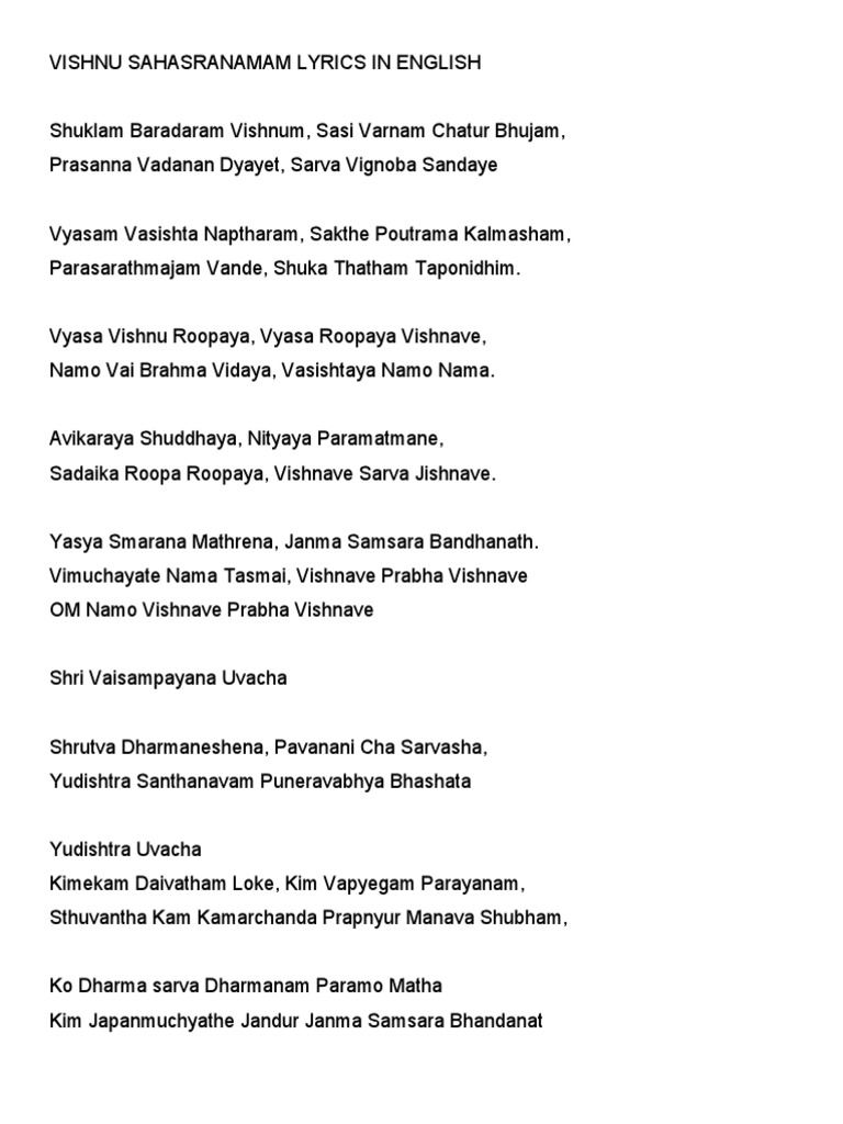 Vishnu Sahasranamam Lyrics in English | PDF | Theistic Indian ...
