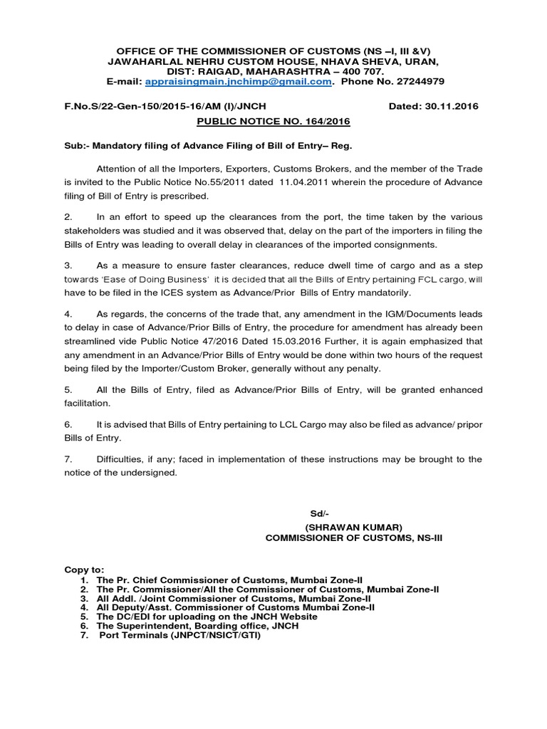 Customs - Public - Notice - No. 164 2016 - DTD - 30112016 - Mandatory ...
