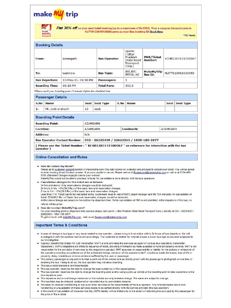 MMT Bus E-Ticket NU77013961010050 Azamgarh-Lucknow | PDF