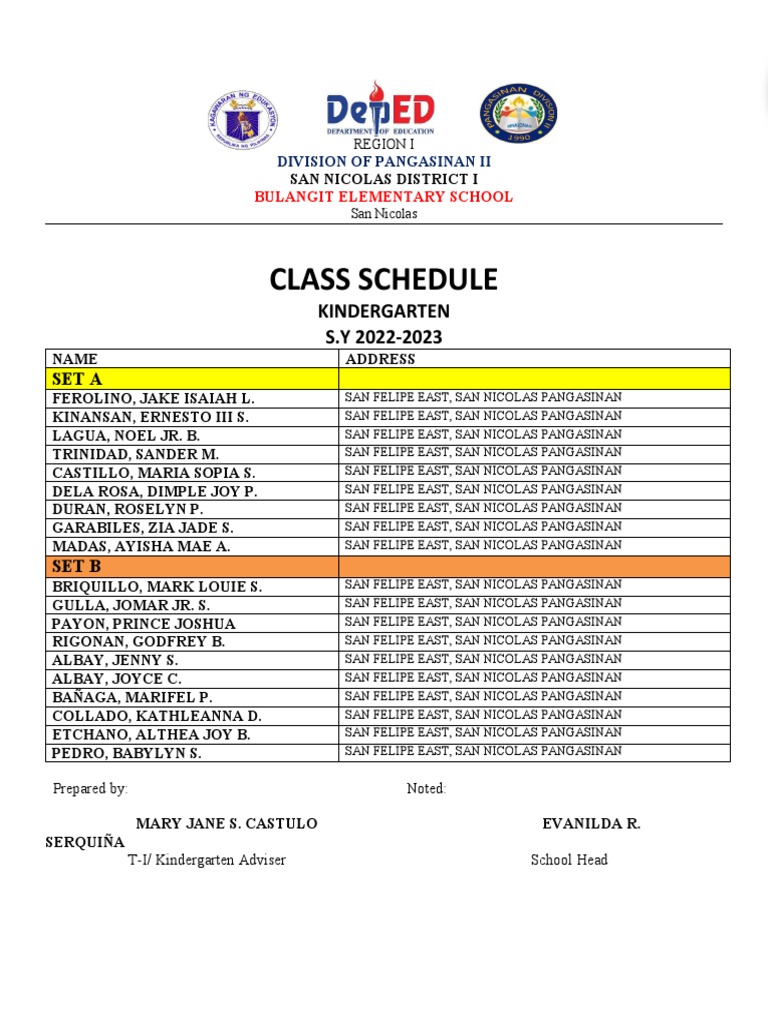 Kindergarten Class Schedule 2022-2023 | PDF
