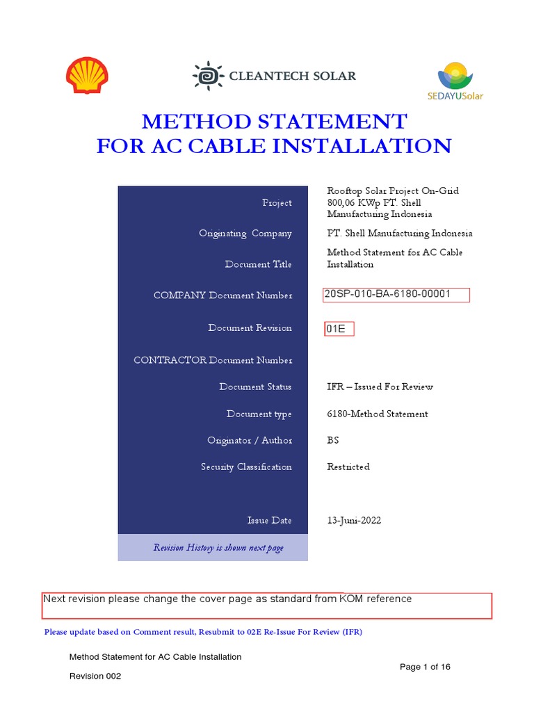 20SP-010-BA-6180-00001 - 01E - IFR - Method Statement For AC Cable Installation - Code-3 | PDF ...