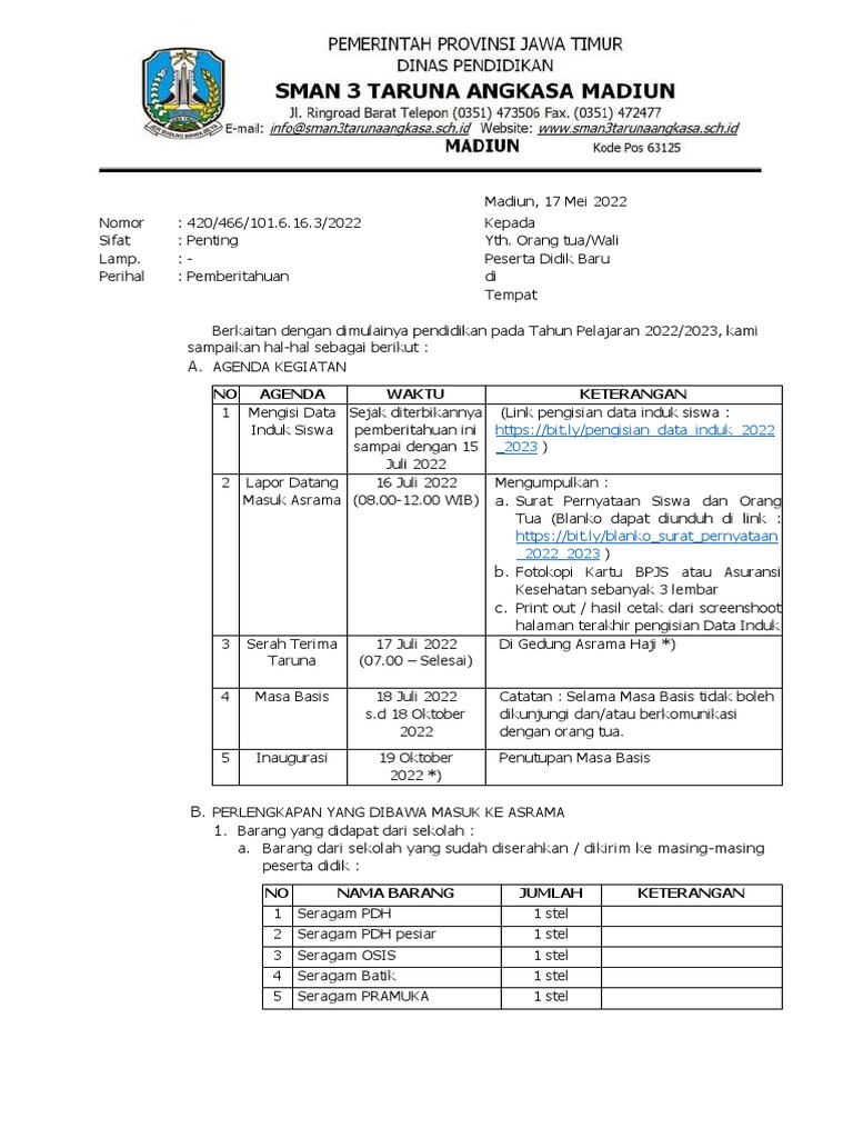 Surat Pemberitahuan Perlengkapan Masuk Asrama Taruna Baru 2022 | PDF