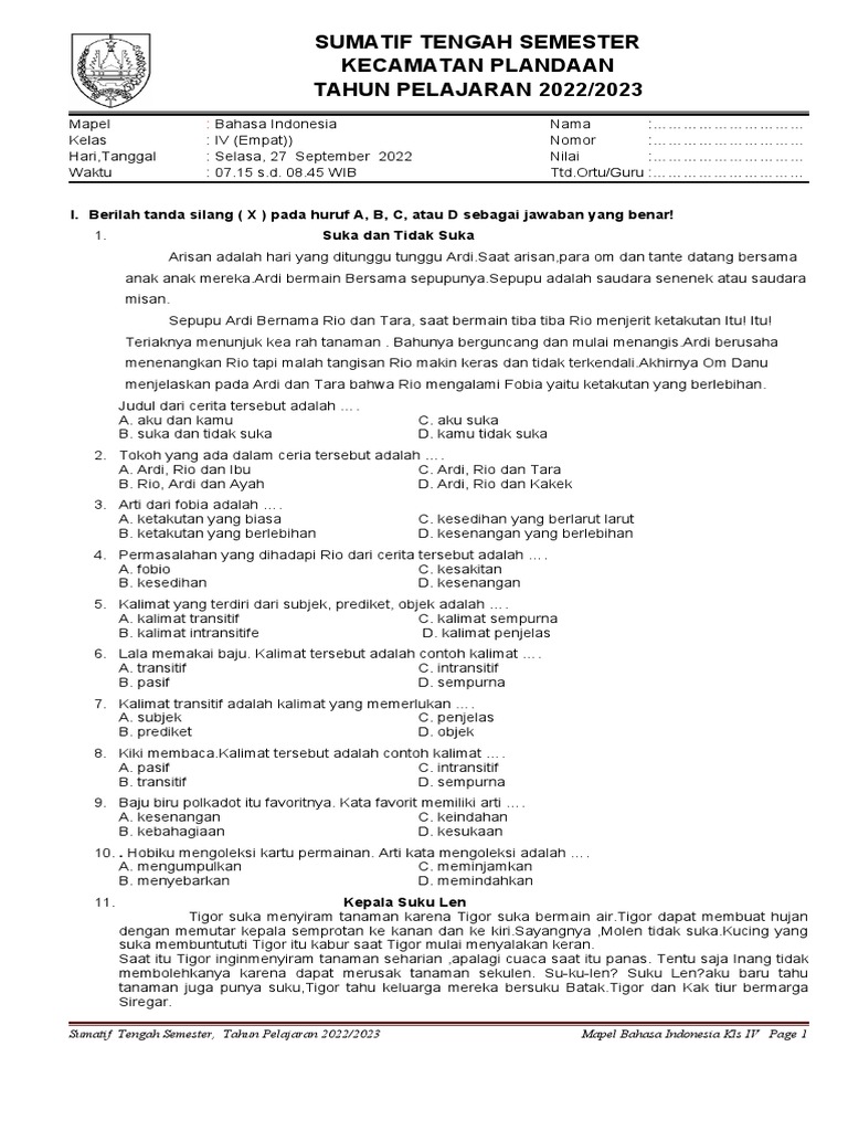 Soal STS B.Indonesia Kls 4 | PDF
