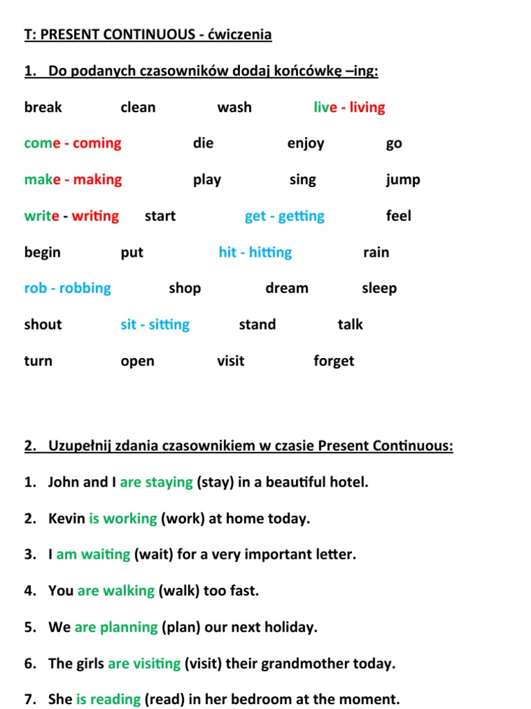 PRESENT CONTINUOUS - Ćwiczenia | PDF