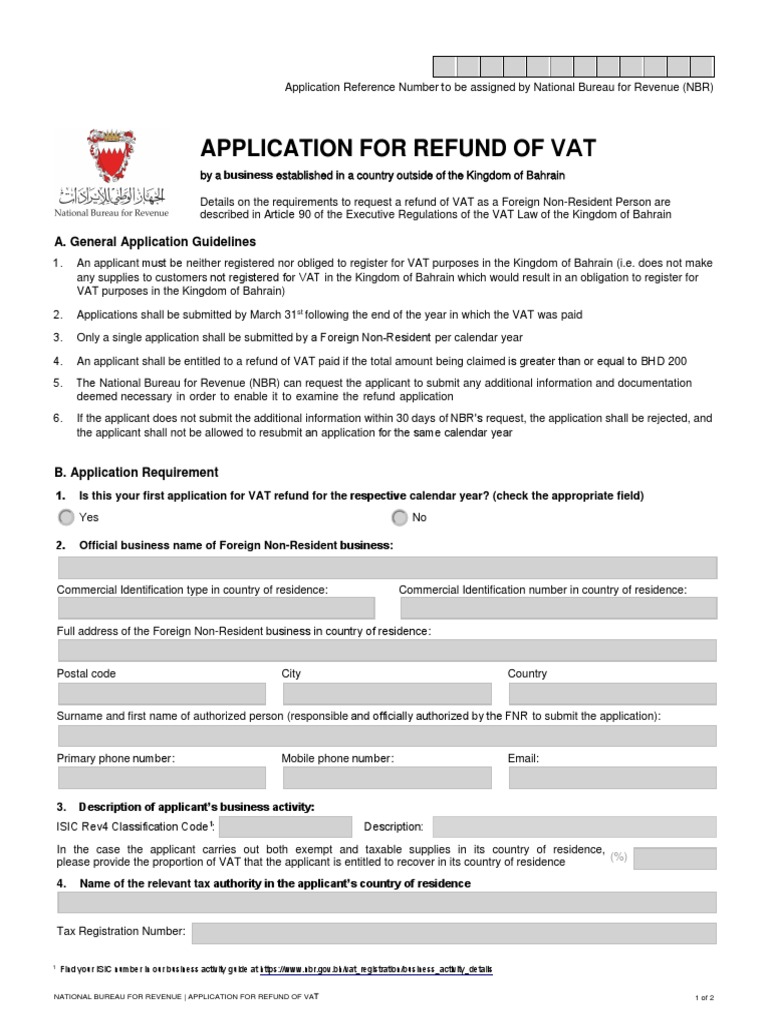 VAT Application For Refund of VAT - Non Resident | PDF