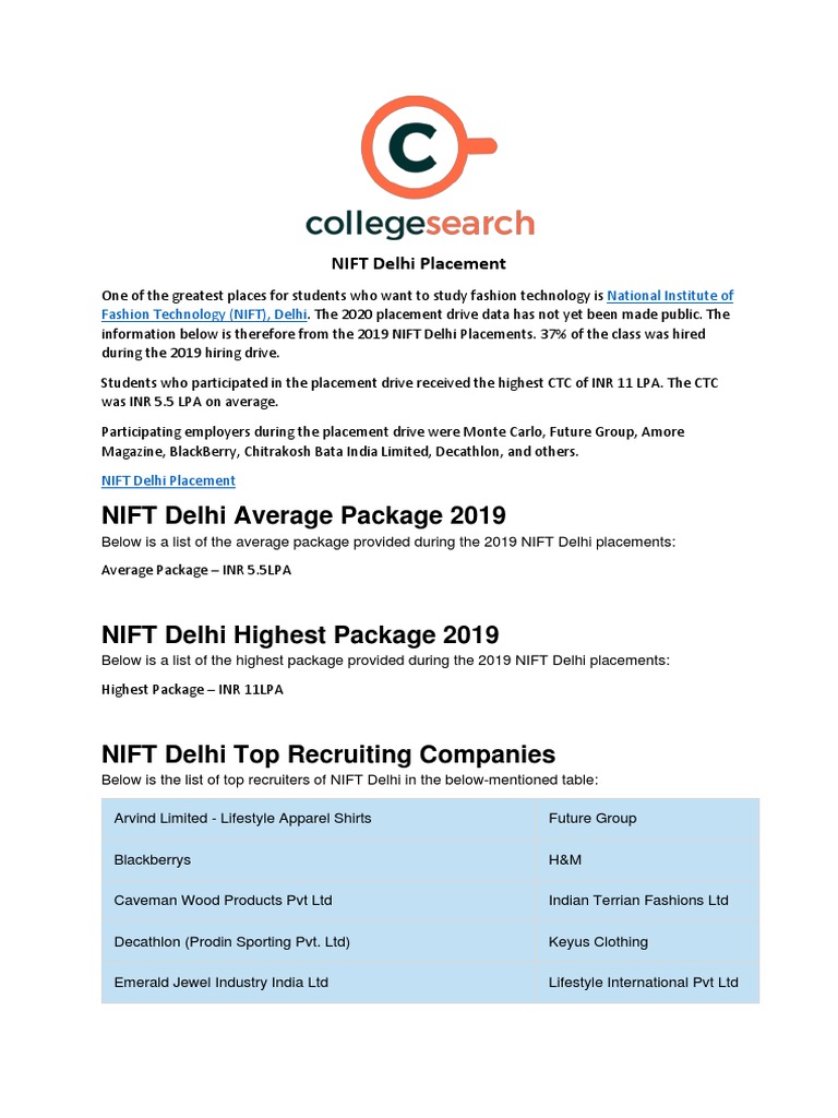 NIFT Delhi Placement - Get All Details Here! | PDF