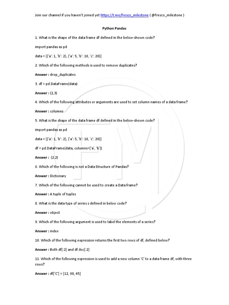 Python Pandas MCQs | PDF | Parameter (Computer Programming) | Computer Data Python Pandas MCQs | PDF | Parameter (Computer Programming) | Computer Data