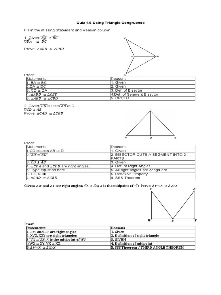 Quiz - Proofs Completion-SANTILLANA | PDF | Triangle | Mathematics