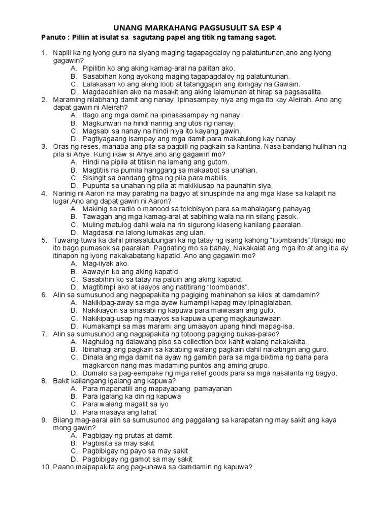 Unang Markahang Pagsusulit Sa Esp 4 | PDF