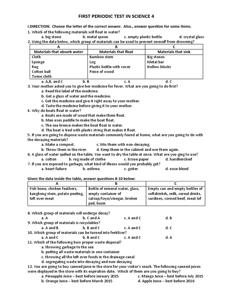 First Periodic Test in Science 4 | PDF