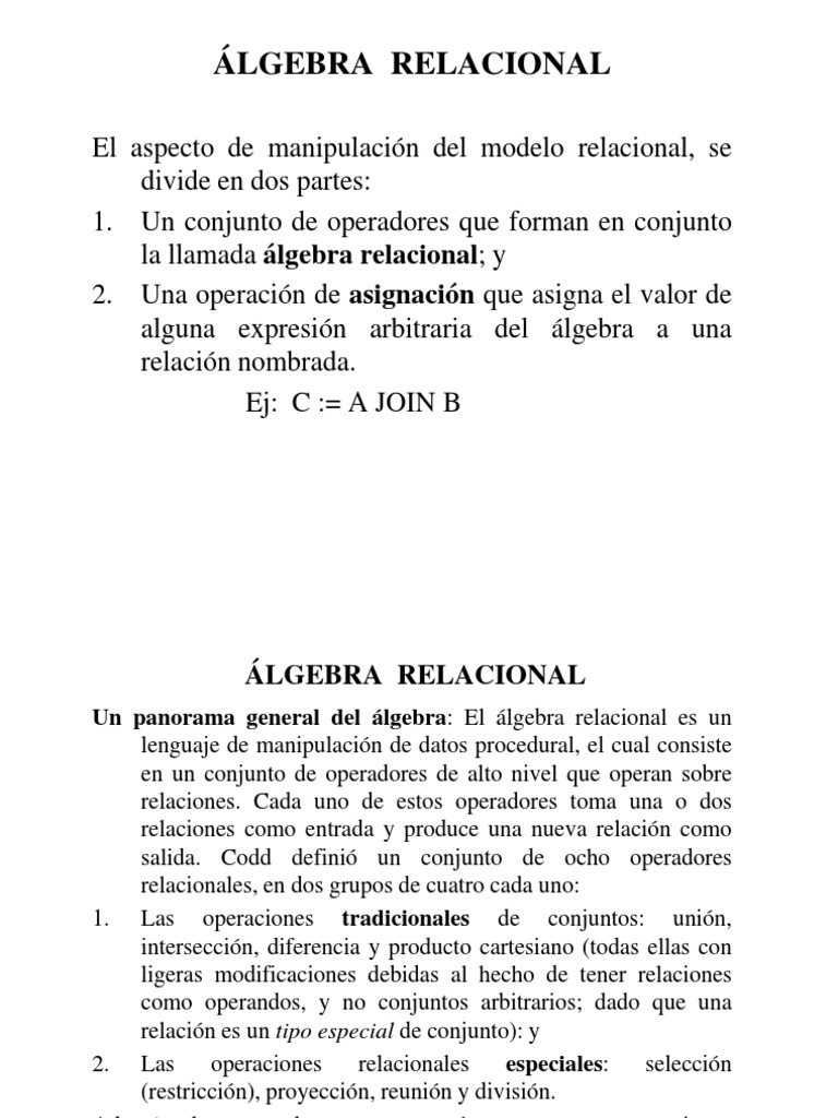 Algebra Relacional | PDF | Base de datos relacional | Bases de datos