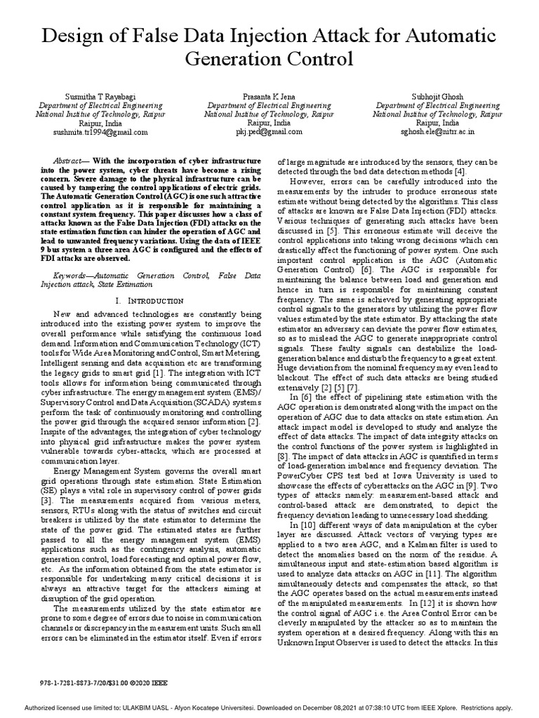 Design Of False Data Injection Attack For Automatic Generation Control Pdf Errors And