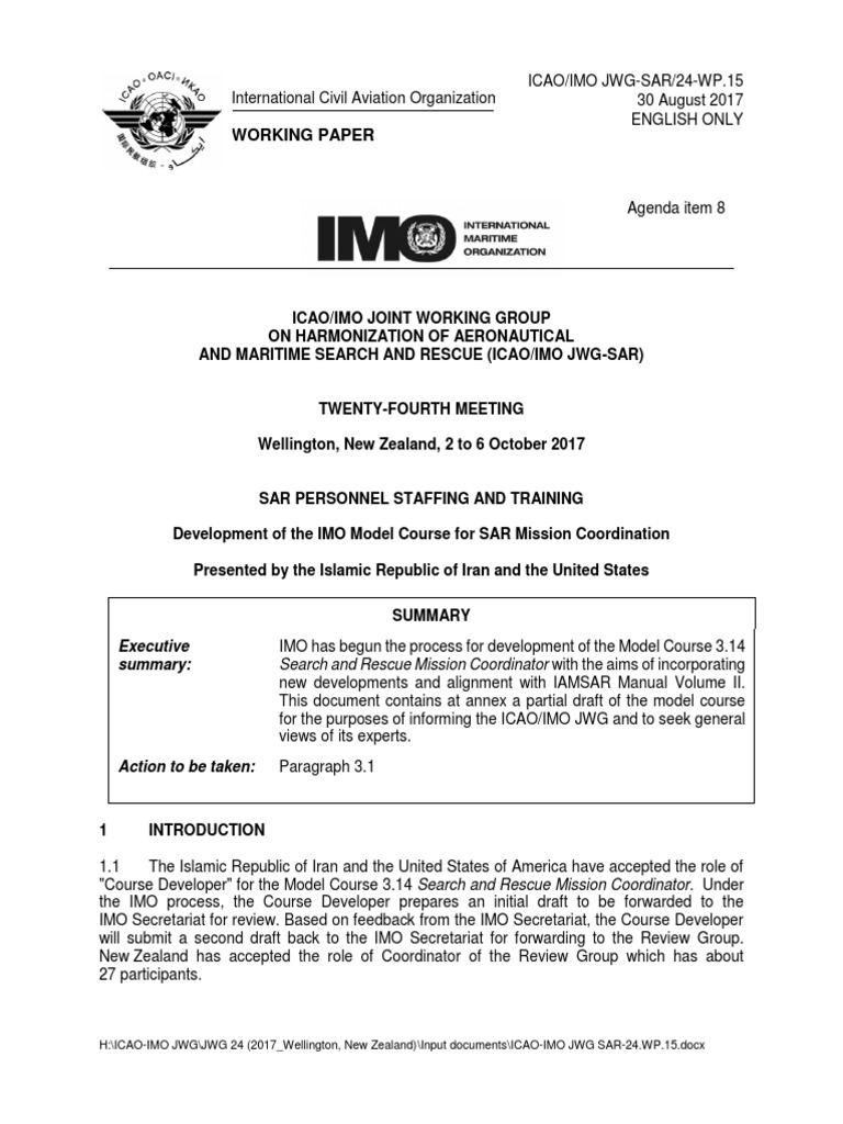 ICAO-IMO JWG-SAR-24-WP.15 - Development of The IMO Model Course For SAR Mission Coordination ...