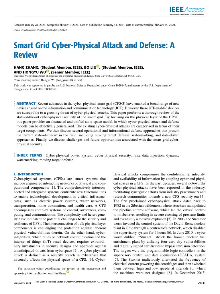 Smart Grid Cyber Physical Attack And Defense A Review Pdf Smart Grid Computer Security