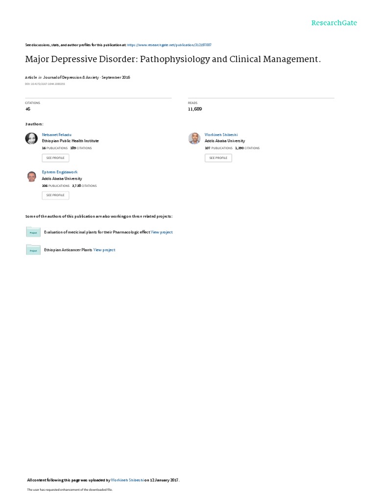 Major Depressive Disorder Pathophysiology and Clinical Management 2167 ...