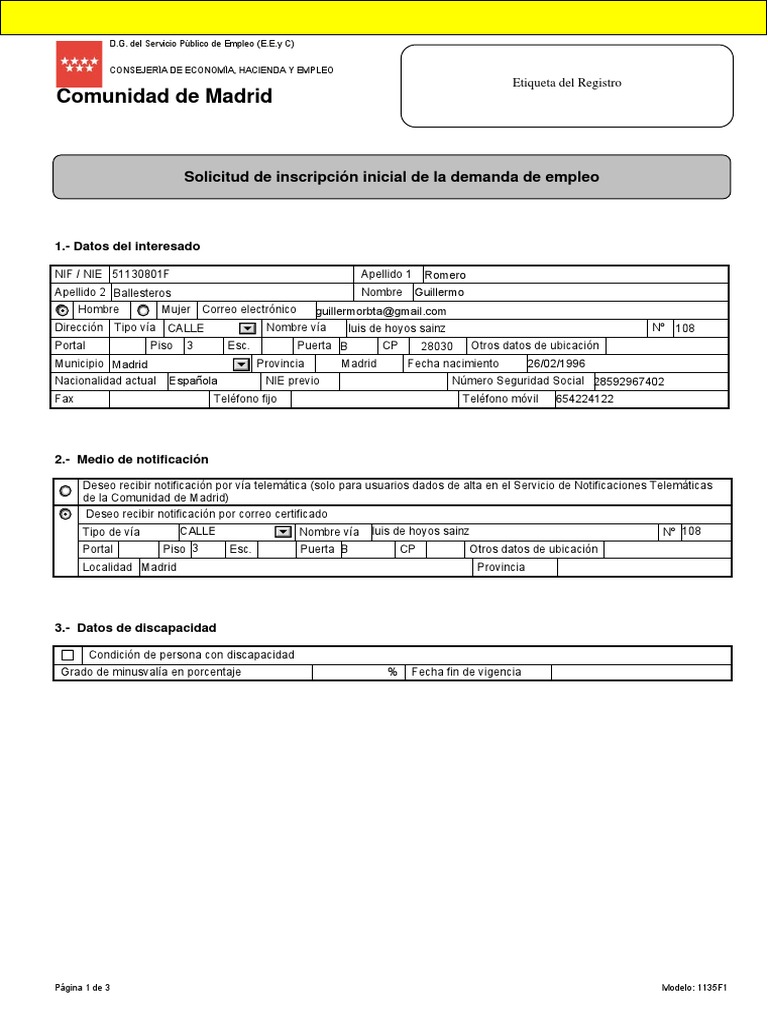 Comunidad de Madrid: Solicitud de Inscripción Inicial de La Demanda de Empleo | PDF | Privacidad ...