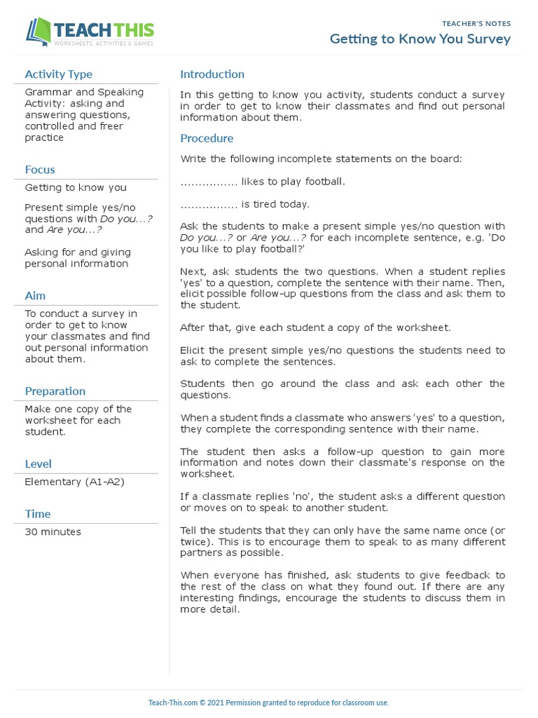 Getting To Know You Survey | PDF | Question | Linguistics