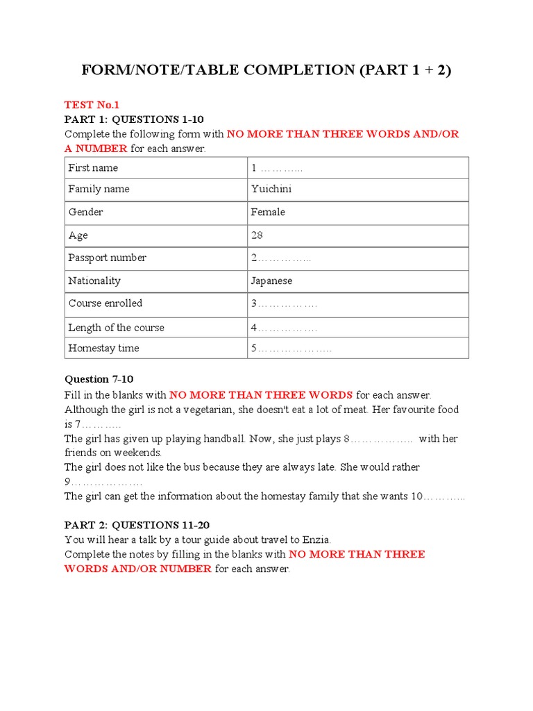 (Part 1 + 2) Form - Note - Table Completion | PDF | Waste Management | Travel Visa