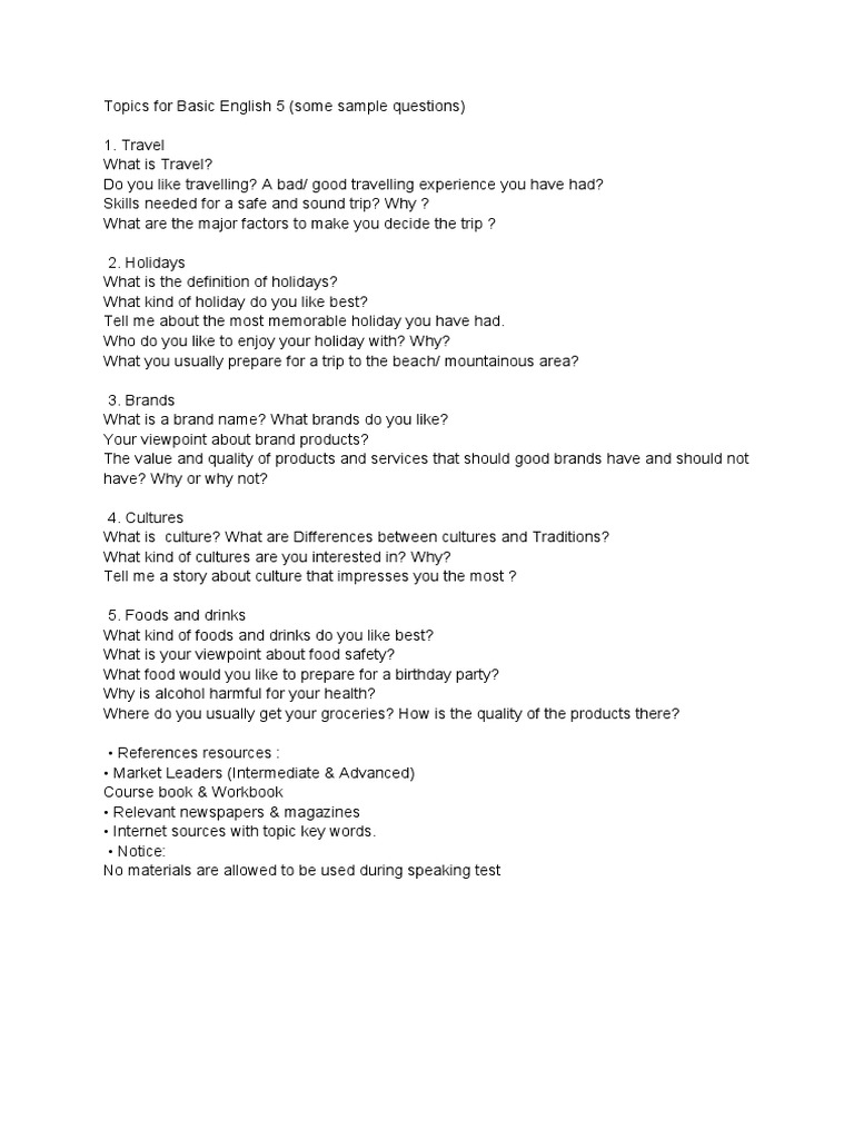 Topics For Basic English 5 | PDF