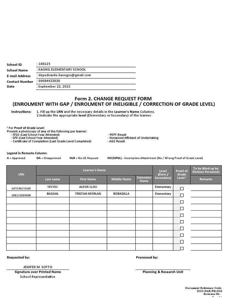Cavite LIS Form 2 Change Request G3 A | PDF | Civil Law (Common Law ...