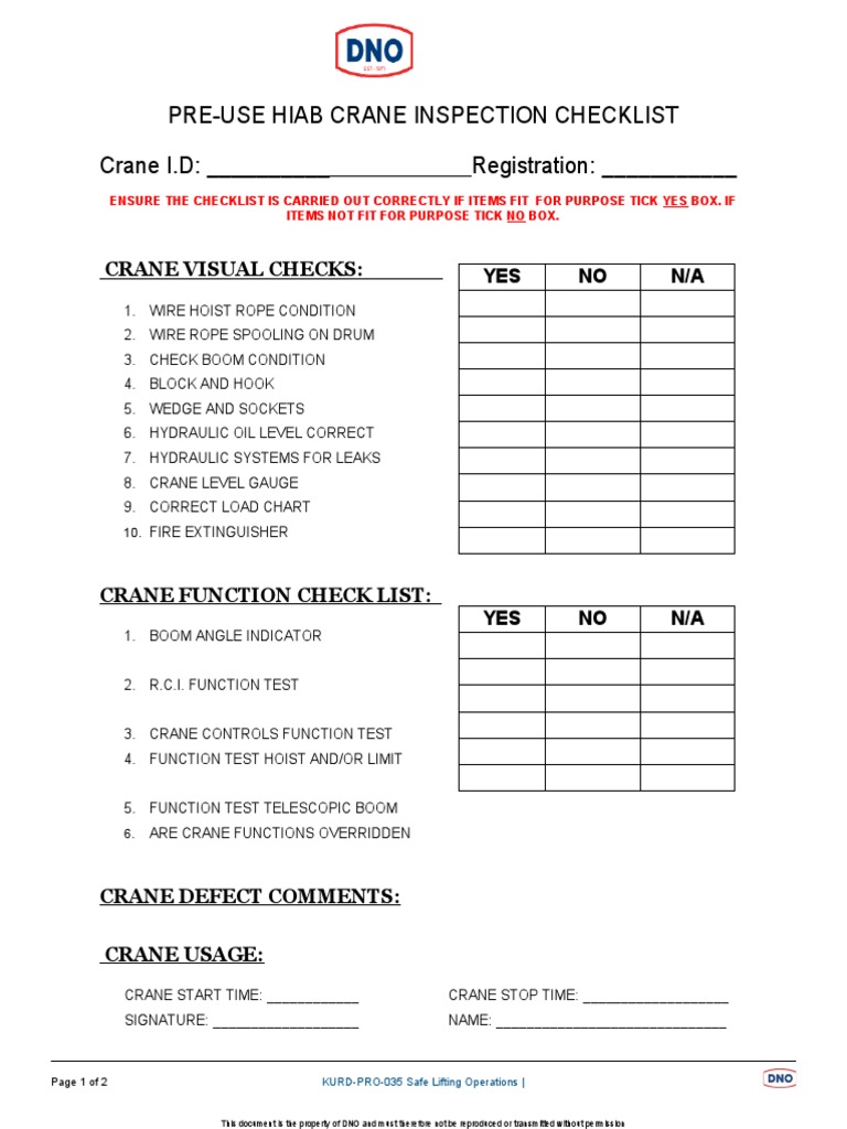 Hiab Crane Preuse Inspection Checklist | PDF