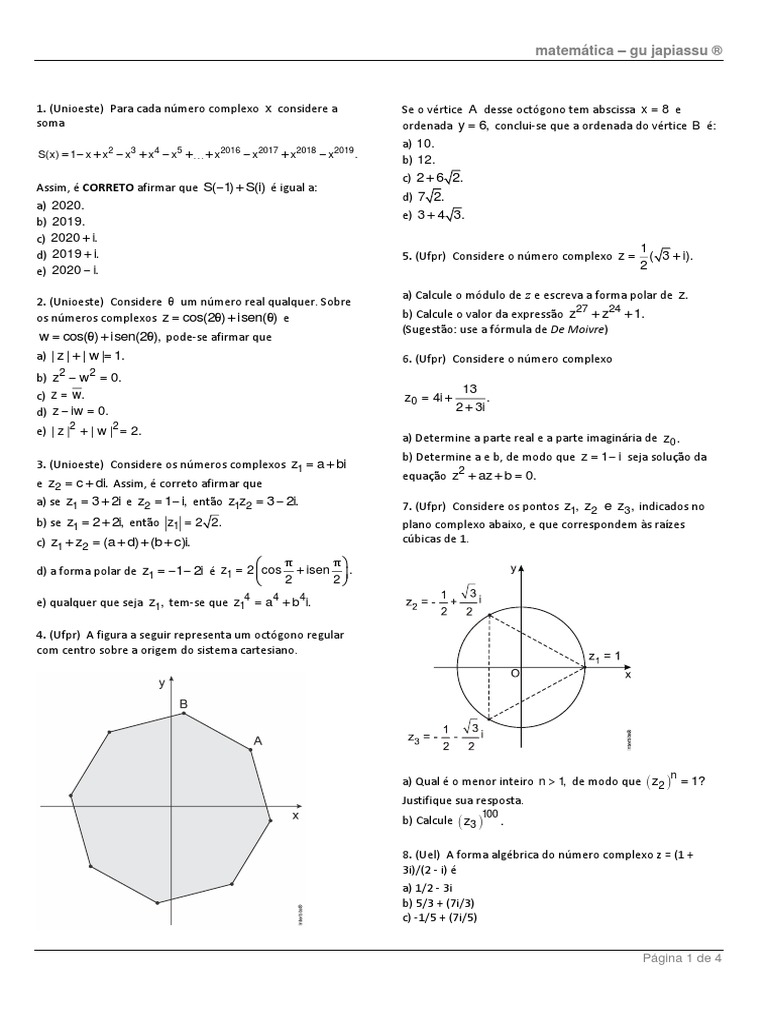 Lista Complexos Gu Japiassu | PDF | Número complexo | Geometria
