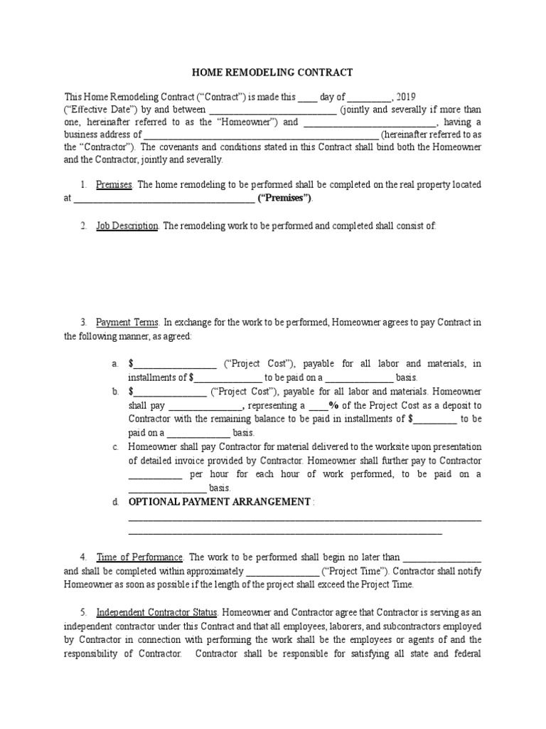 Payment Terms and Project Details for a Home Remodeling Contract | PDF ...