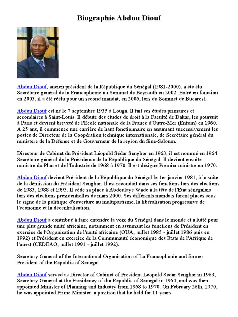 Biographie d'Abdou Diouf, Président sénégalais | PDF | Gouvernement ...