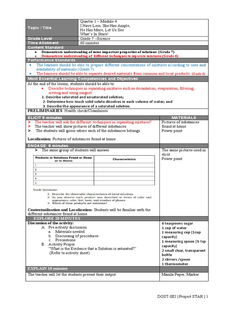 Quarter 1 Module 4 Lesson Plan With Intervention | PDF | Mixture ...