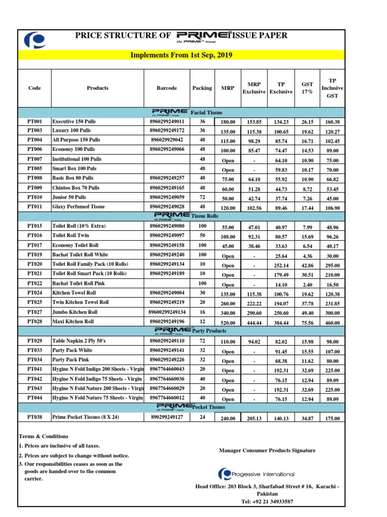 Prime Tissue Paper Price List | PDF | Stationery | Waste Management