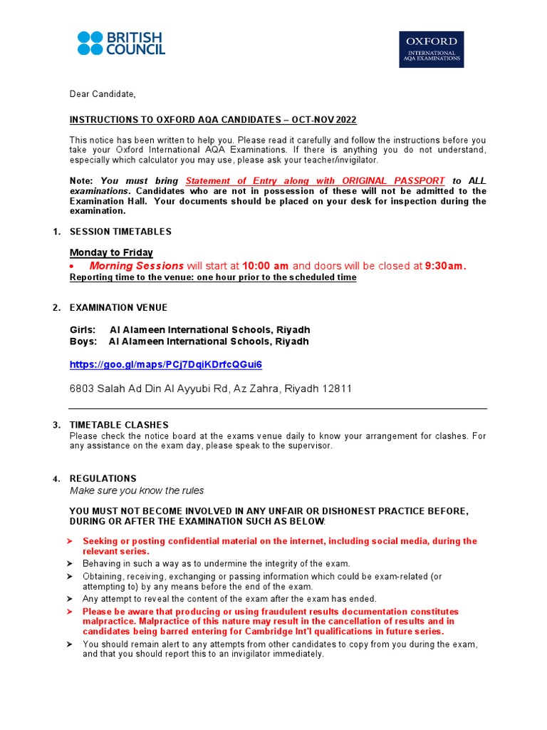 Oxford AQA INSTRUCTIONS TO CANDIDATES Oct Nov 2022 Riyadh | PDF