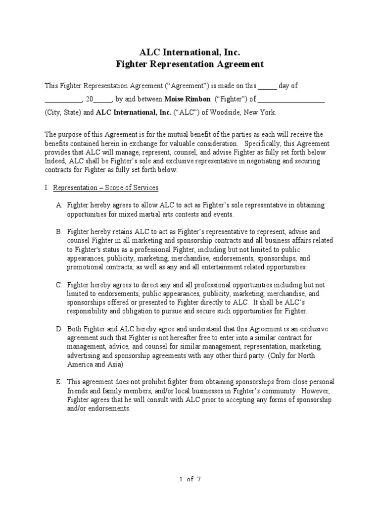 Exclusive Fighter Representation Agreement | PDF | Indemnity | Civil ...