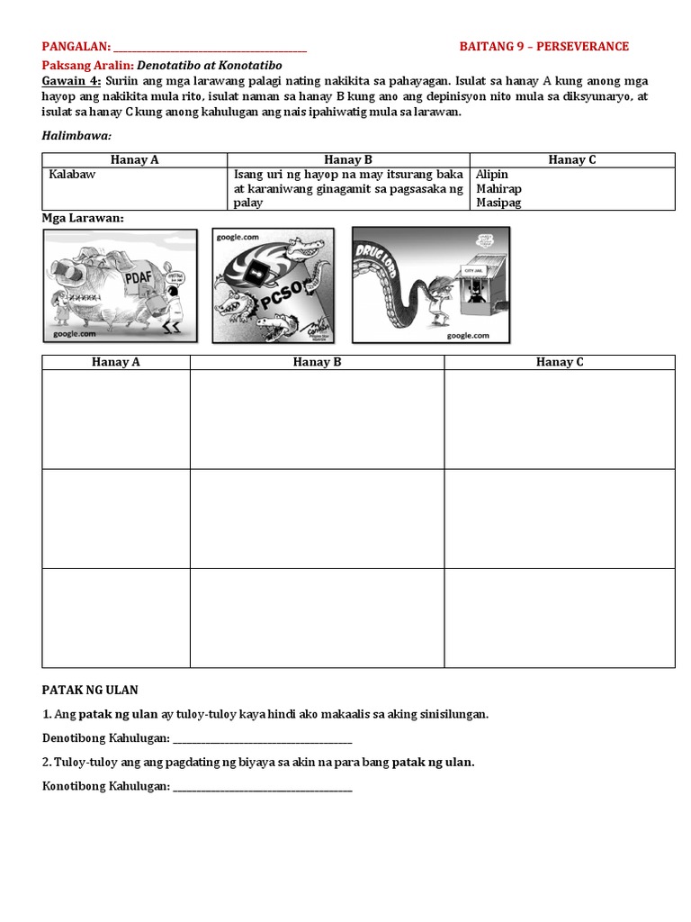 Activity Sheet Denotibo at Konotibo | PDF