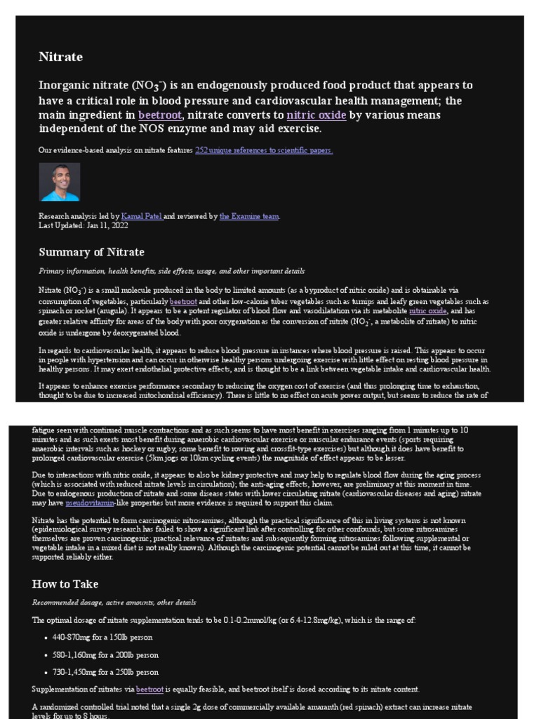 Nitrate Supplement - Health Benefits, Dosage, Side Effects | PDF | Nitrate | Aerobic Exercise