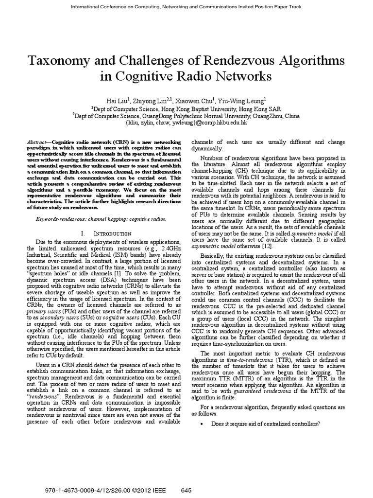 Taxonomy and Challenges of Rendezvous Algorithms in Cognitive Radio Networks | PDF | Cognitive ...