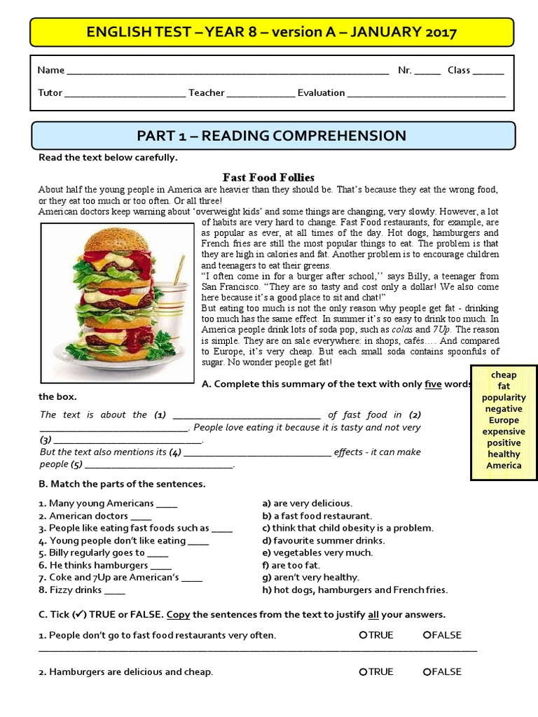 Fast Food A1 Test Version A Tests - 94661 | PDF | Fast Food | Soft Drink