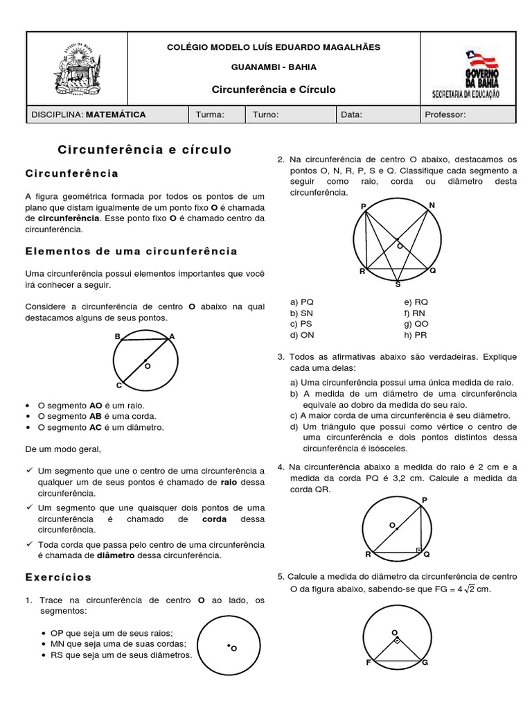 Exercícios sobre Circunferência e Círculo | PDF | Círculo | Matemática