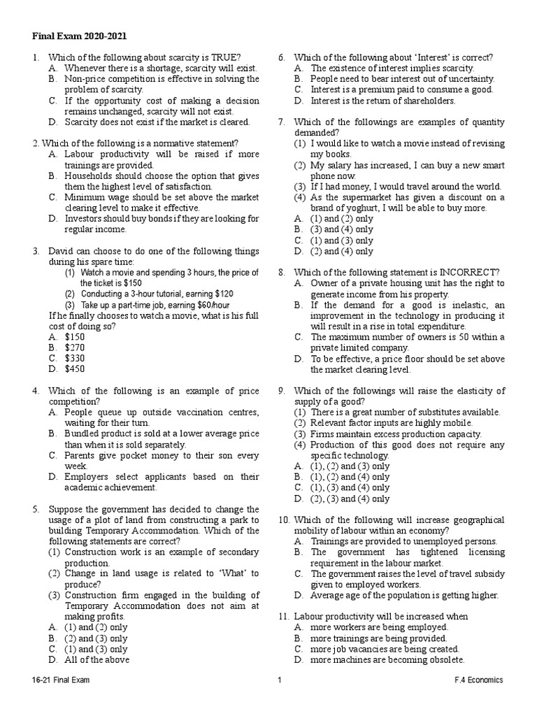 16-21 Final Exam 1 F.4 Economics | PDF | Elasticity (Economics ...