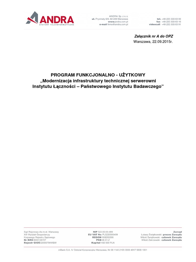 SIWZ 2015 - Projekt PIBUK Program Funkcjonalno-Uzytkowy PFU Serwerownia | PDF