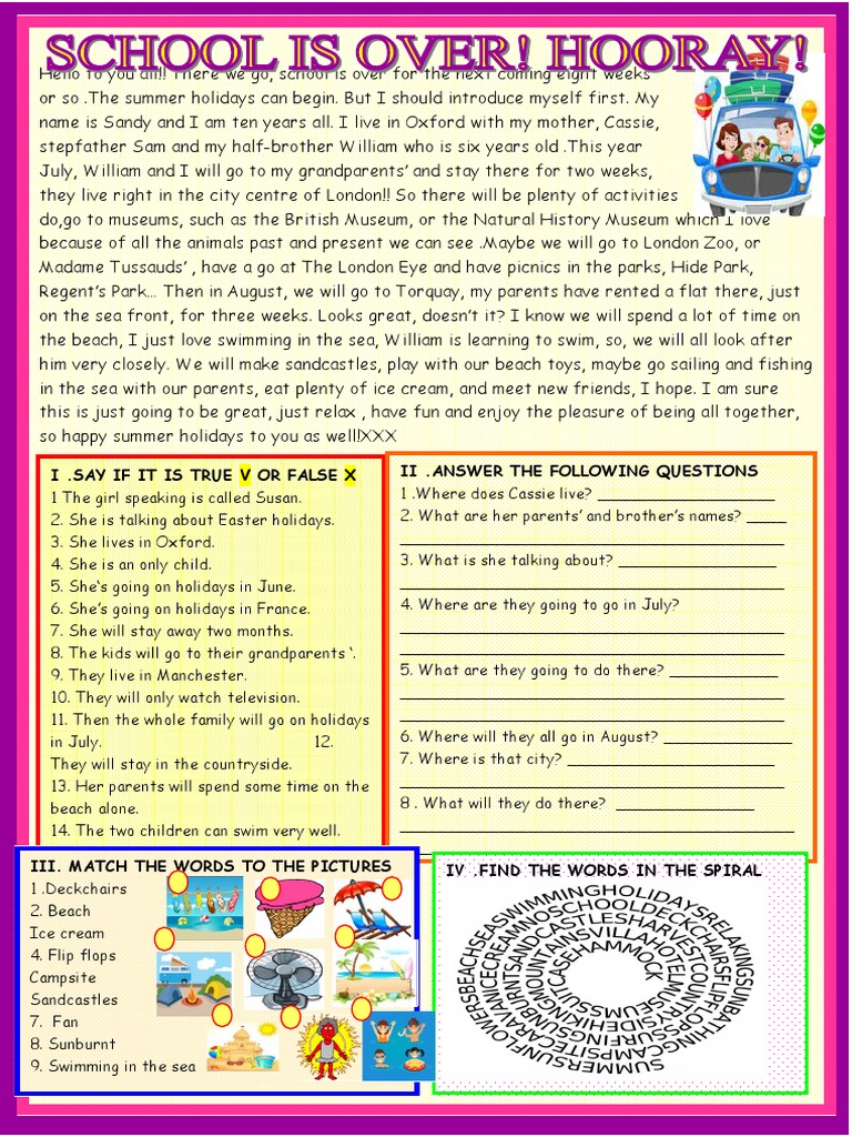 School Is Over Reading Comprehension Reading Comprehension Exercises ...