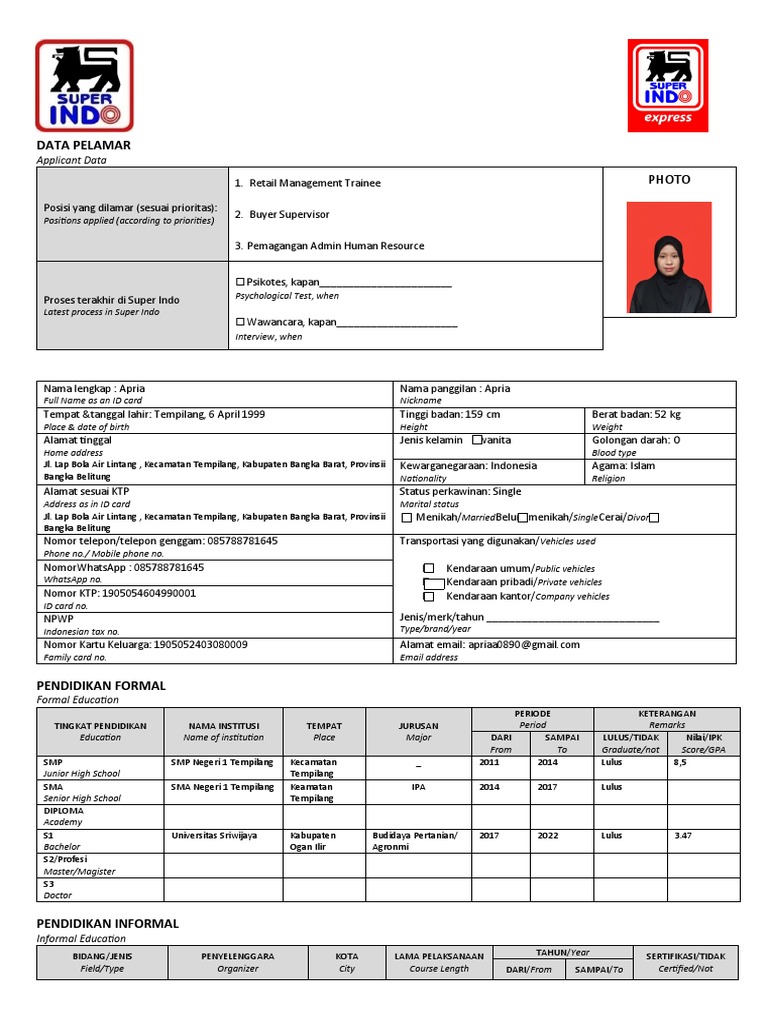 Form Data Pribadi Pelamar - Apria | PDF