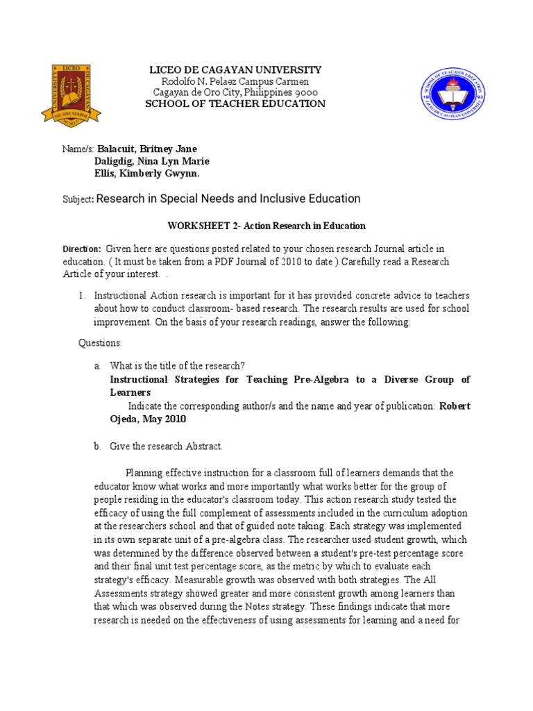 Worksheet 2 - Research in Education TF | PDF