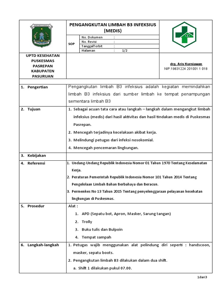 SOP Pengangkutan Limbah B3 Infeksius | PDF