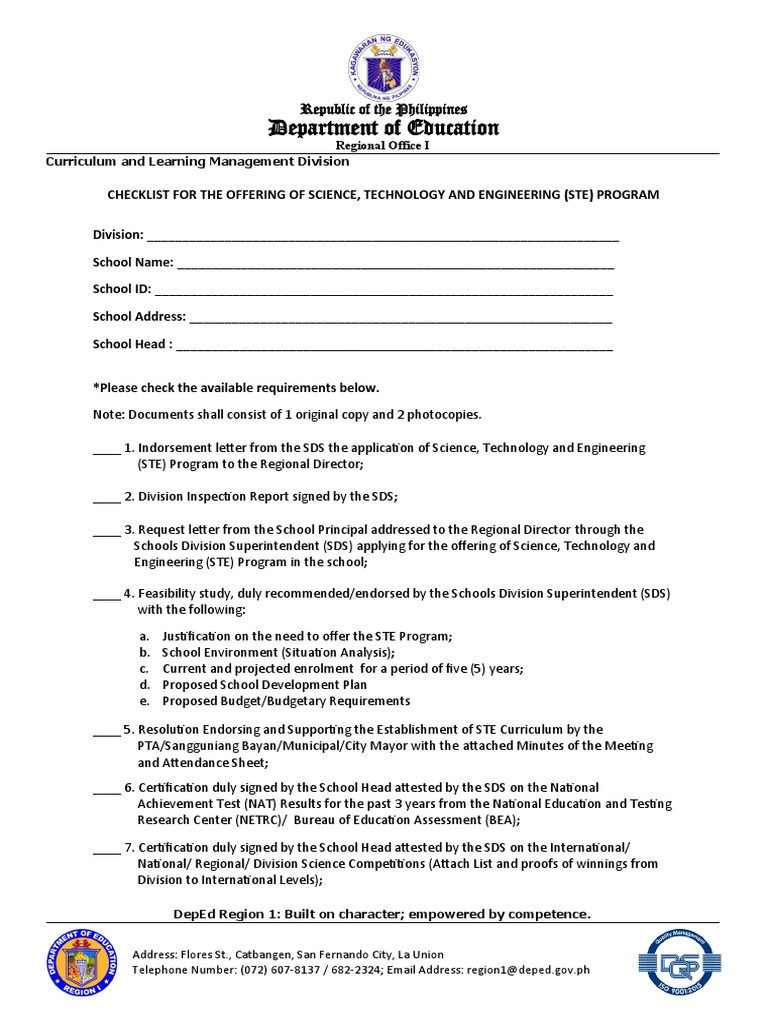Checklist For The Offering of STE Program Version 3 | PDF | Teachers ...