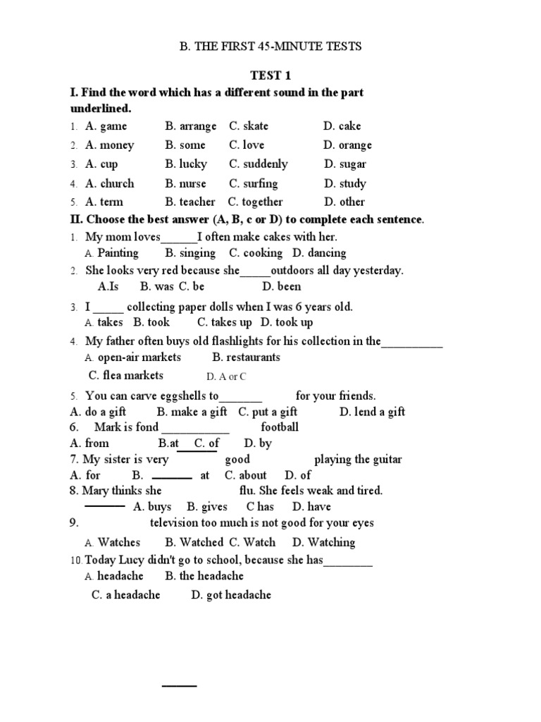 Test 1 I. Find The Word Which Has A Different Sound in The Part ...