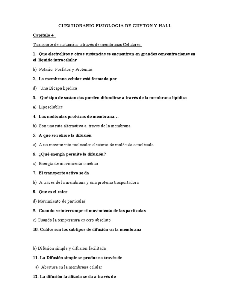 Cuestionario de Fisiología Guyton y Hall | PDF