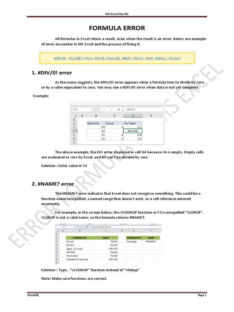 FORMULA ERROR in MS Excel | PDF